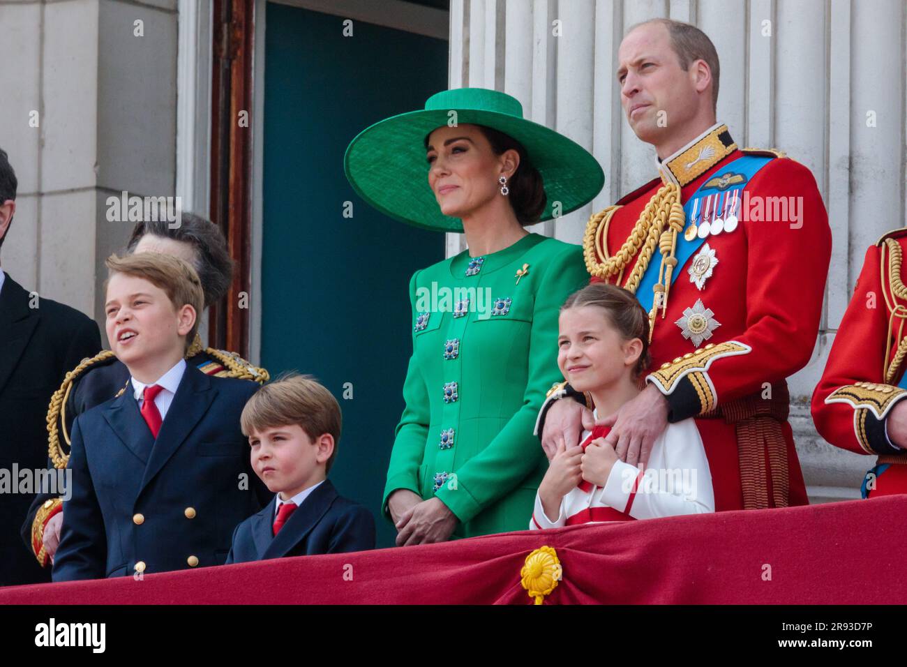 The British Royal Family on the Buckingham Palace balcony to watch the Trooping the Colour fly ...