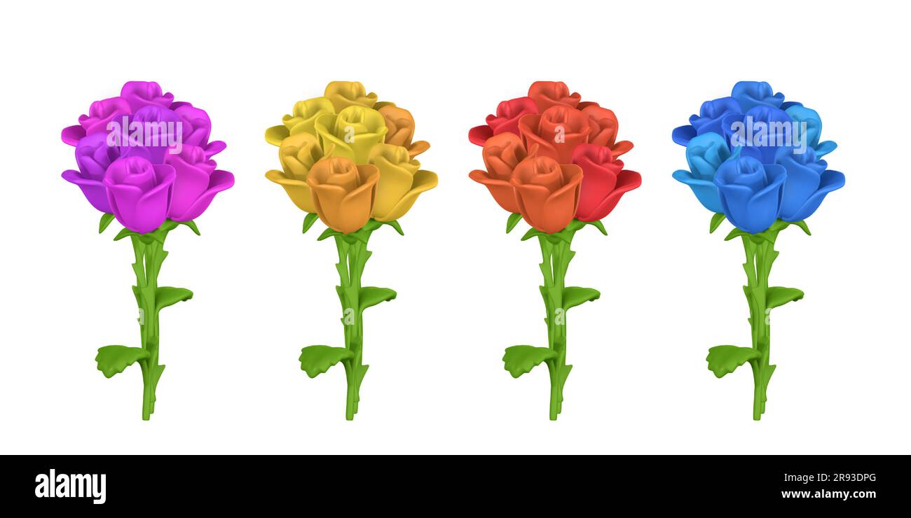 3D flower. Cute bouquet of roses in cartoon style. Vector illustration ...
