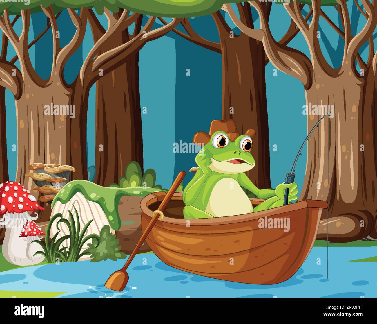 Frog rowing boat in the stream in the forest scene illustration Stock ...