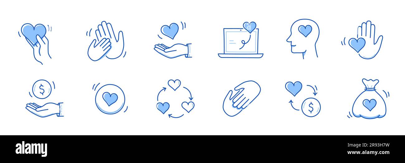 Charity hand, trust community doodle line icon. Charity community ...