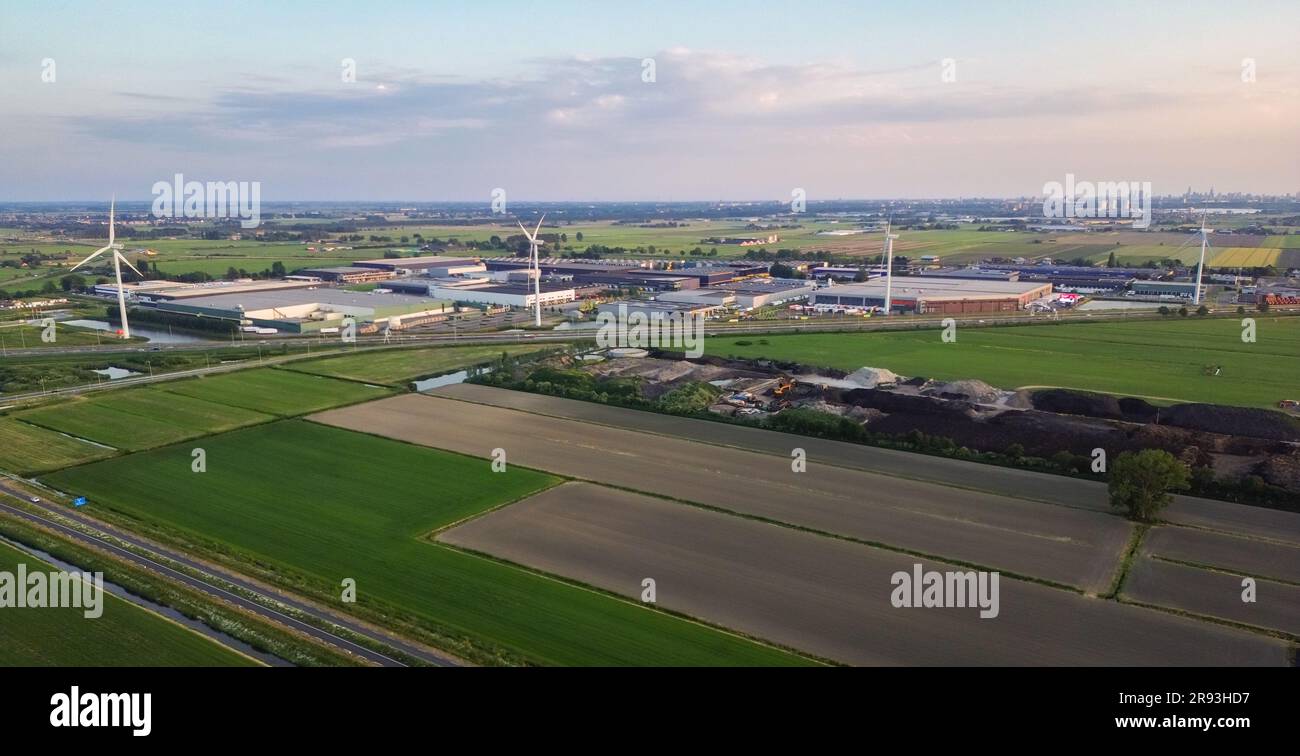 Aerial view of four windturbines along highway A12 near Gouda, The ...