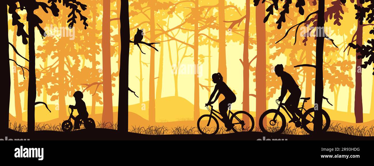 Active family cycling in forest. Mother, father, child, orange ... Active family cycling in forest. Mother, father, child, orange ...
