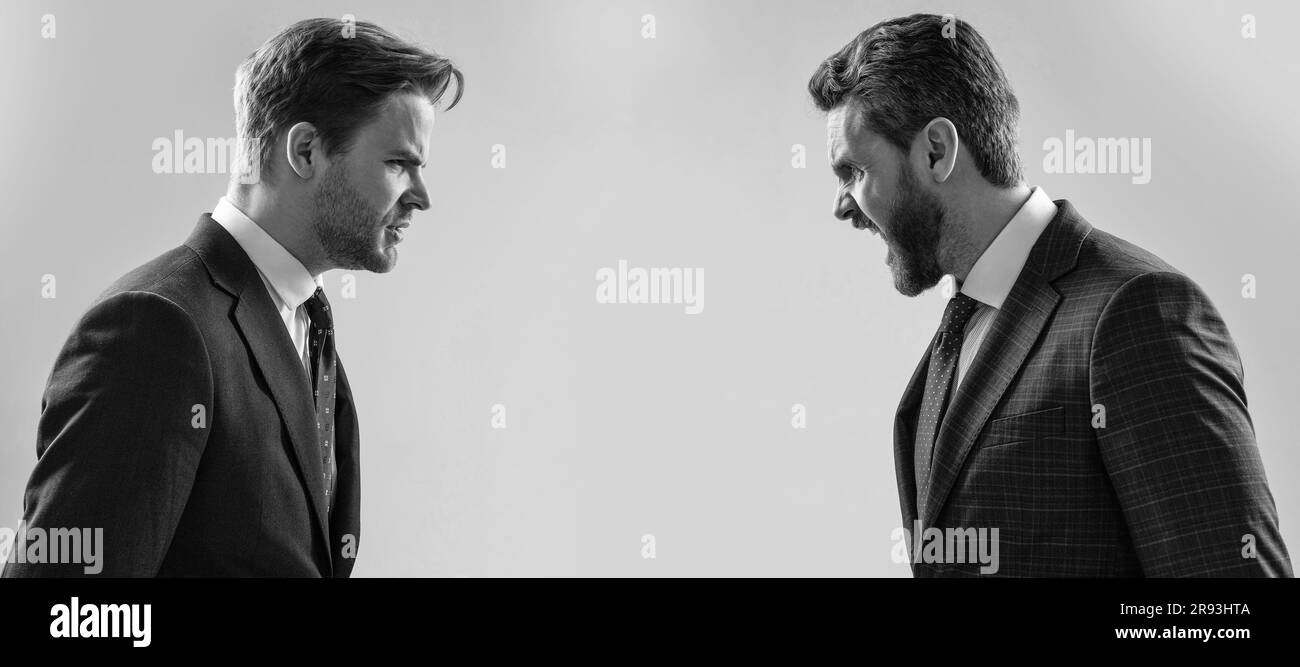 Man face portrait, banner with copy space. two angry businessmen ...