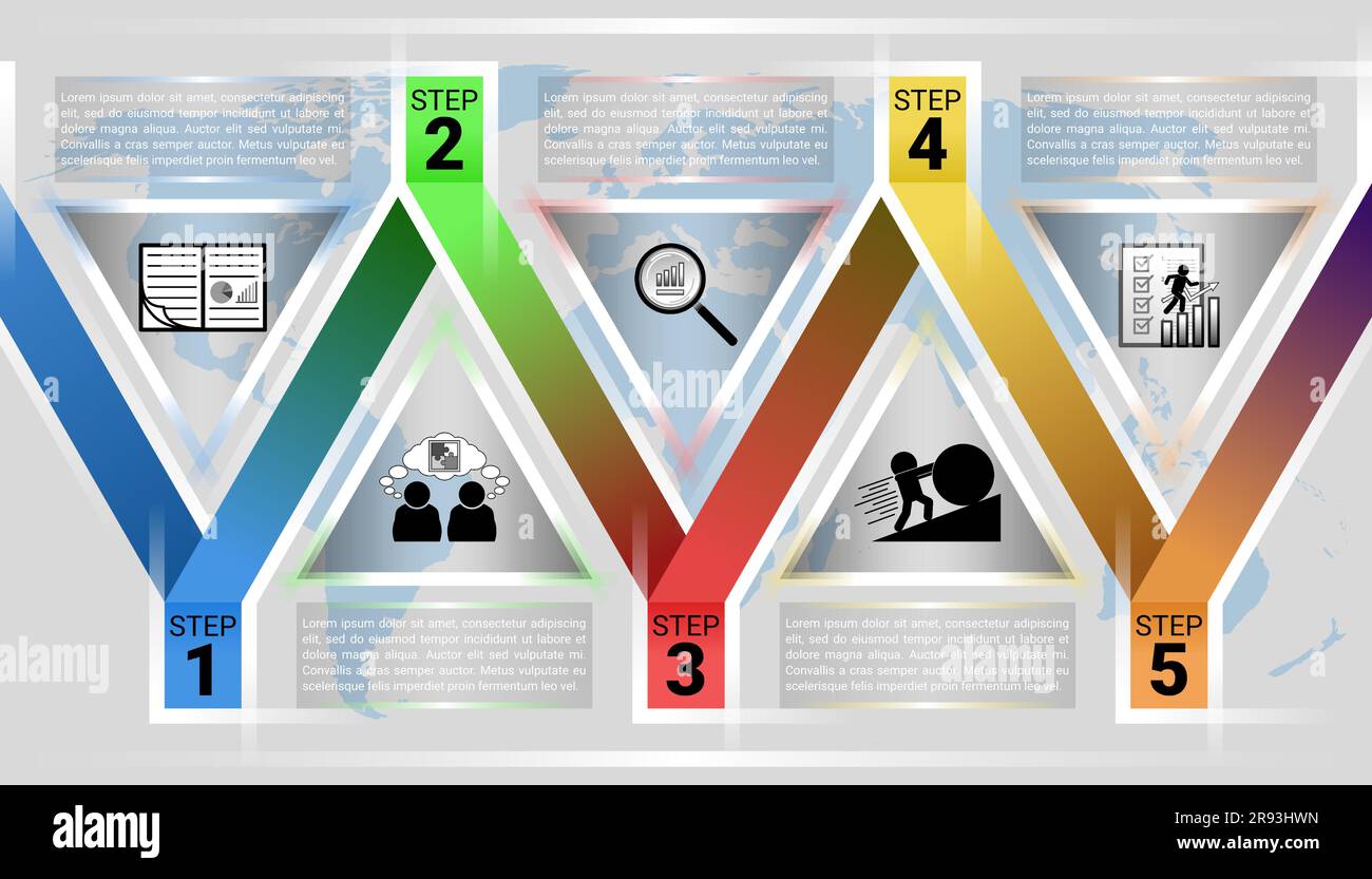 triangle infographic template with diagram 5 steps with a description ...