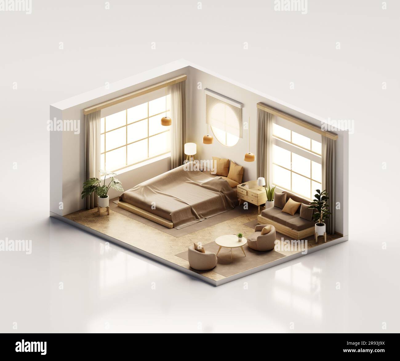 Isometric view bed room open inside interior architecture 3d rendering ...