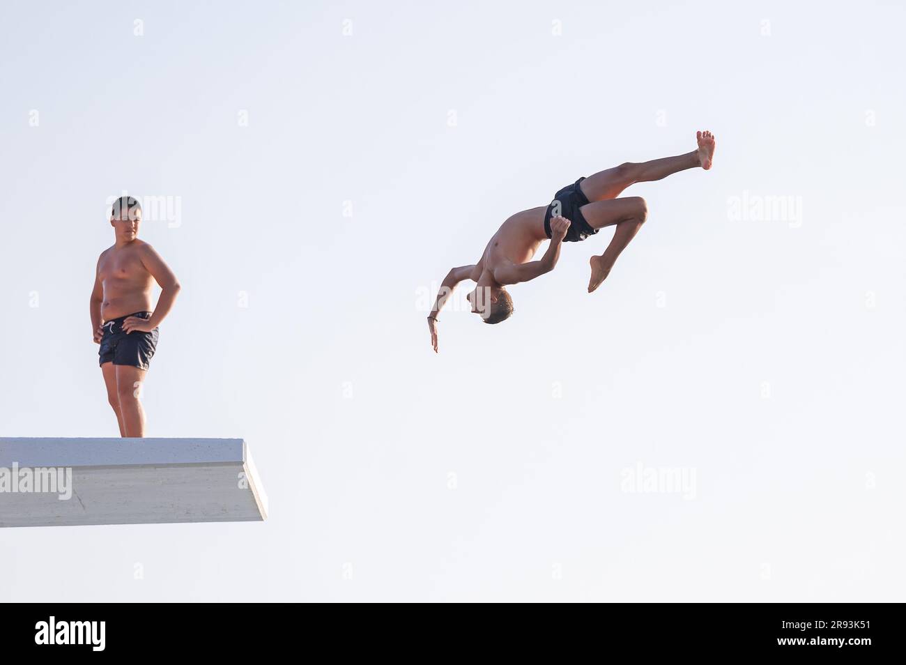 Zadar, Croatia. 23rd June, 2023. A boy jumps into sea from a top of 10 ...