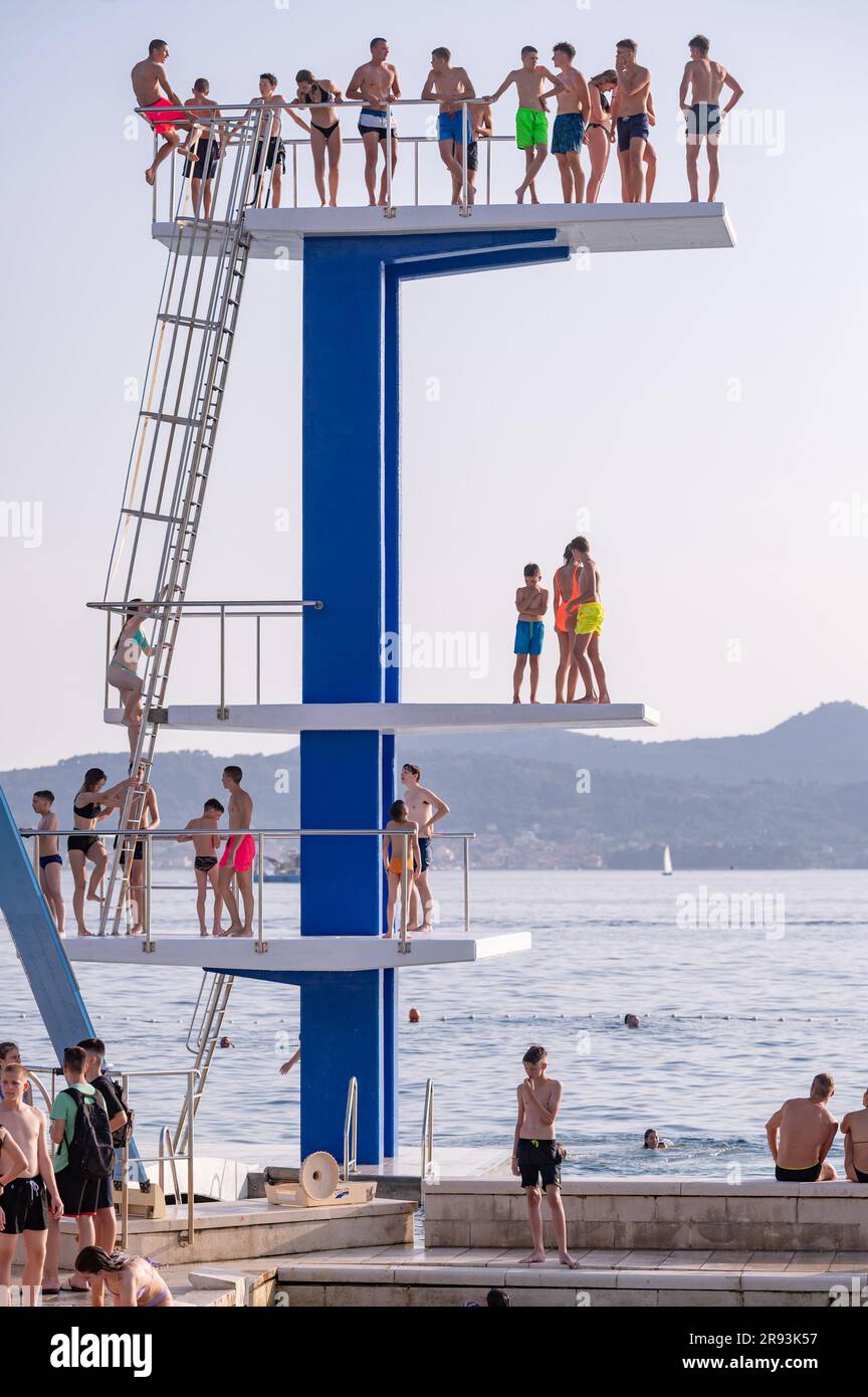 Zadar, Croatia. 23rd June, 2023. 10 meter diving platform is seen at Kolovare Beach in Zadar ...