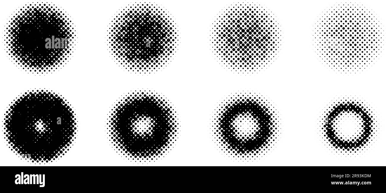 Halftone circle shapes set. Dotted textured spheres and rings ...