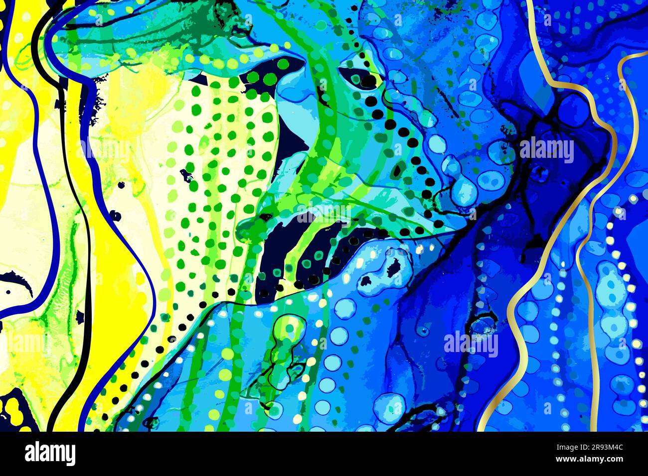 Blue and Gold Wave and Bubbles Artwork Sea Style Vector Pattern Stock ...