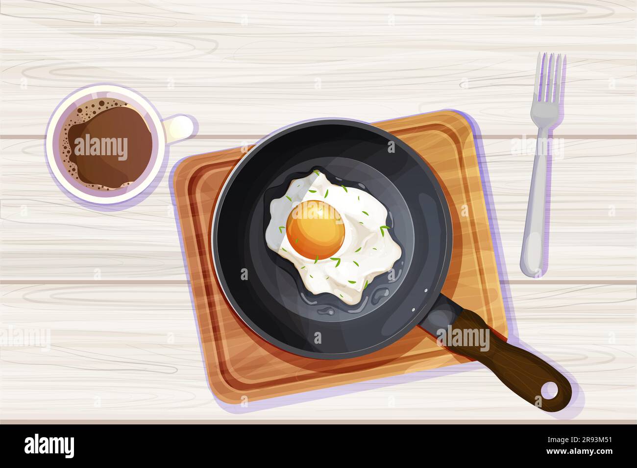 Fried egg on frying pan wooden board, fork and coffee cup top view in ...