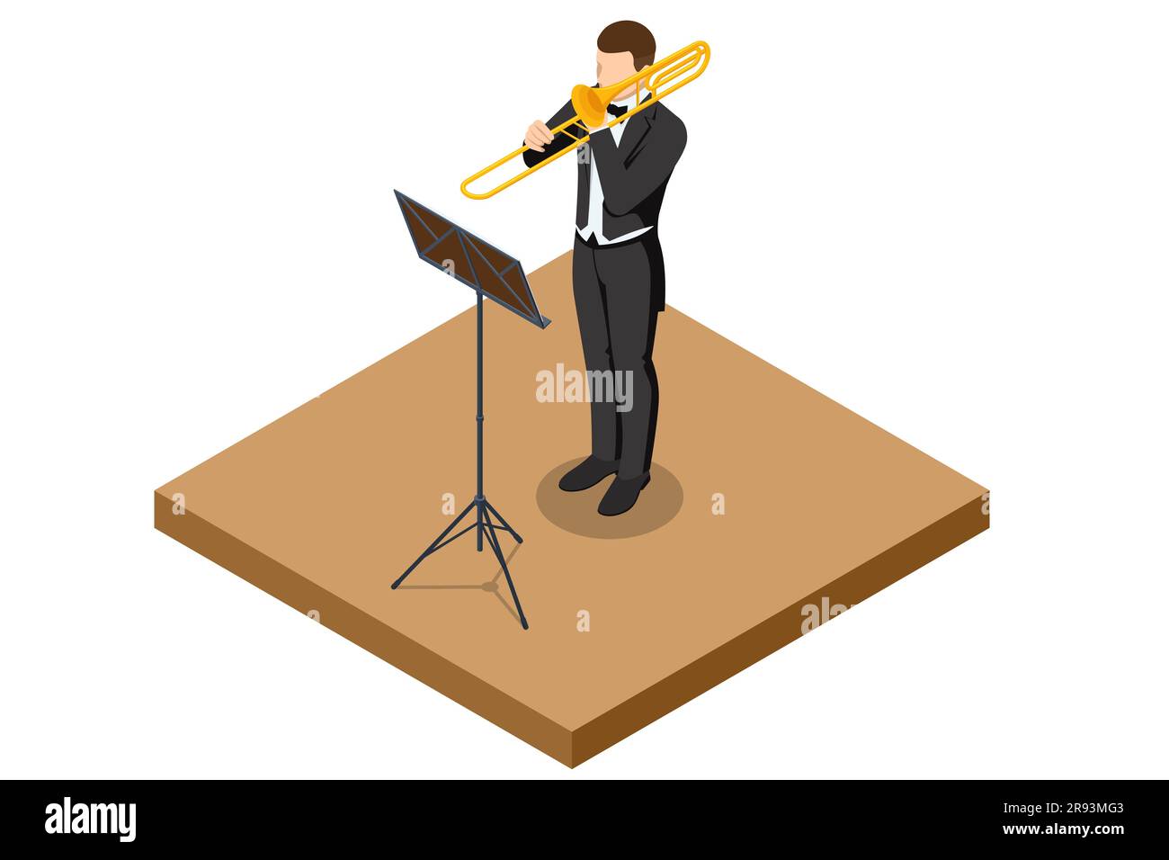 Isometric trombone orchestra brass instrument. Male musician playing a ...