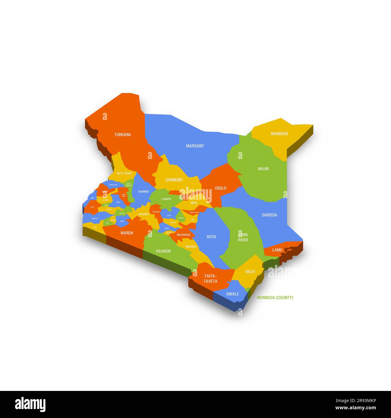 Kenya political map of administrative divisions - counties. Colorful 3D vector map with country ...