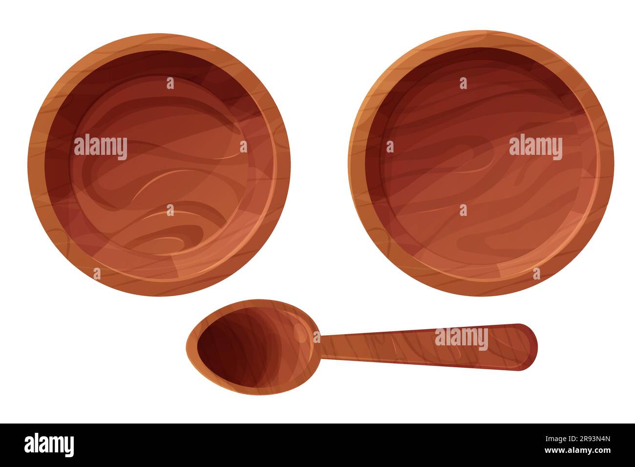 Set Wooden plate with spoon, bowl top view in cartoon style isolated on ...