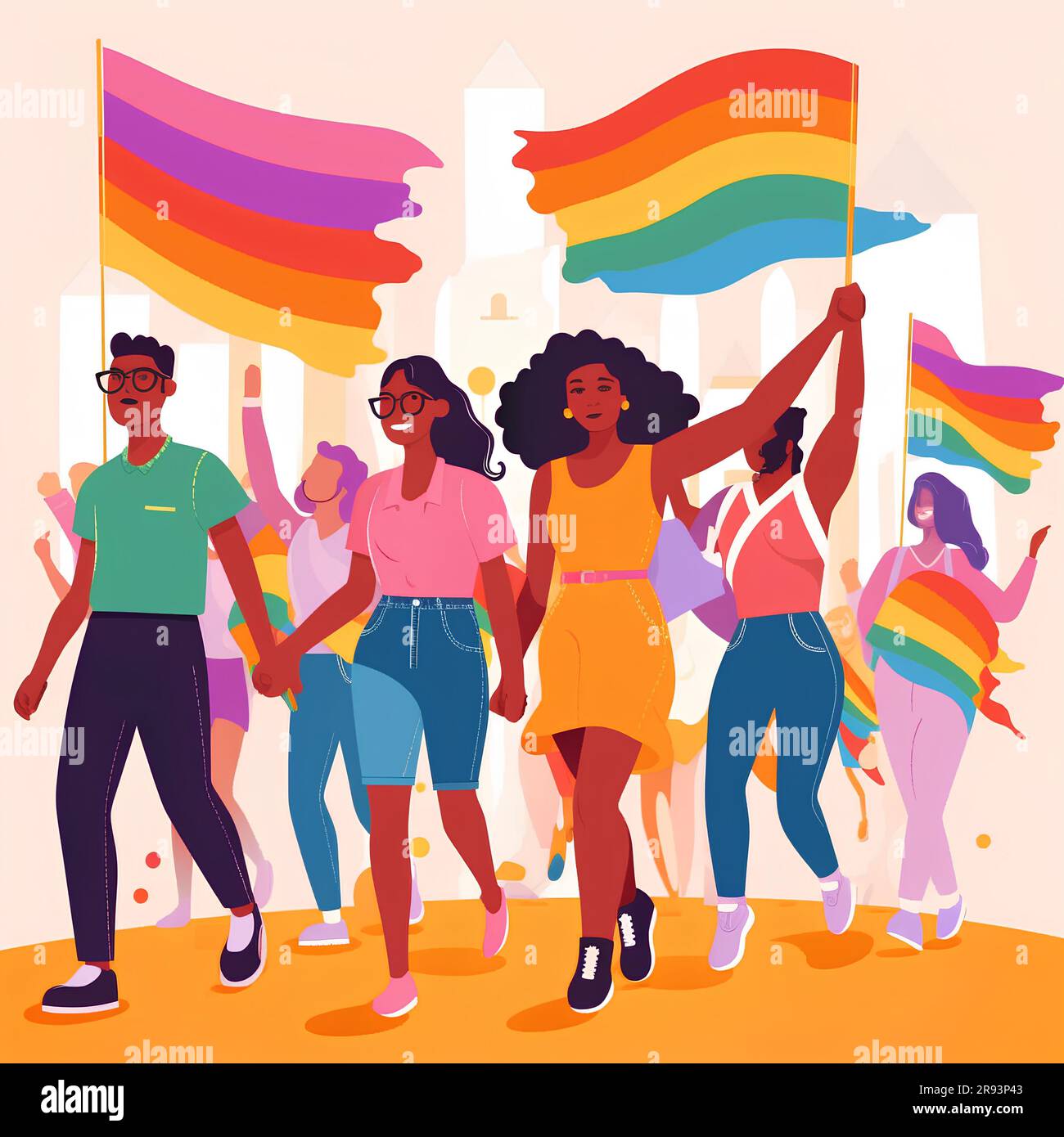 A diverse crowd of people proudly holding rainbow-colored LGBT pride ...