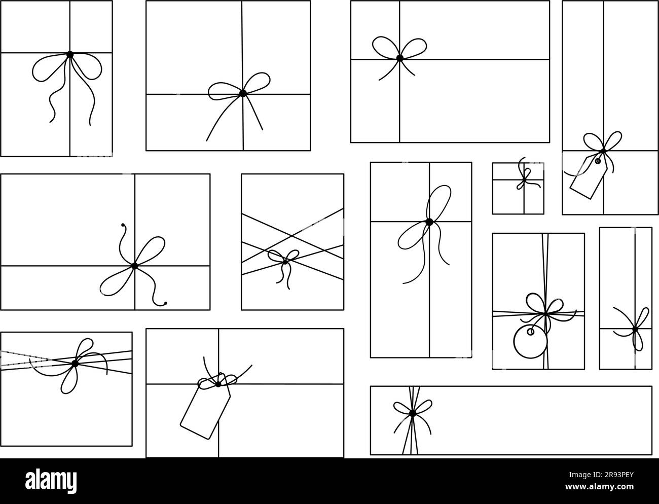 Gift box with bow and label tag on ribbon string vector silhouette icon ...