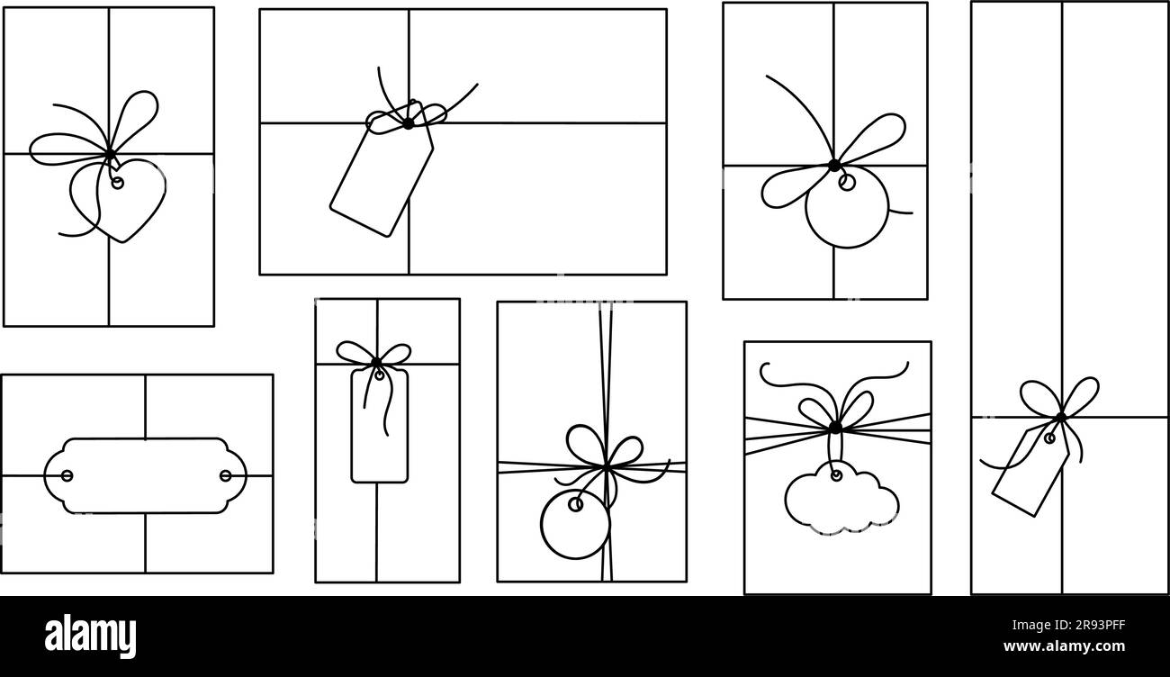 Gift box with bow and label tag on ribbon string vector silhouette icon ...