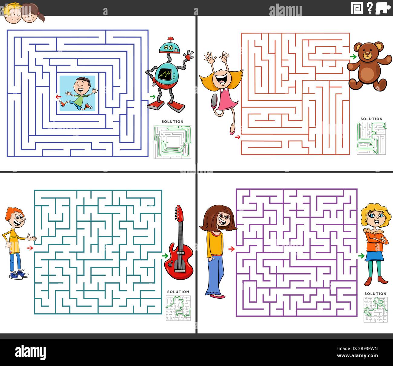 Cartoon illustration of educational maze puzzle activities set with ...