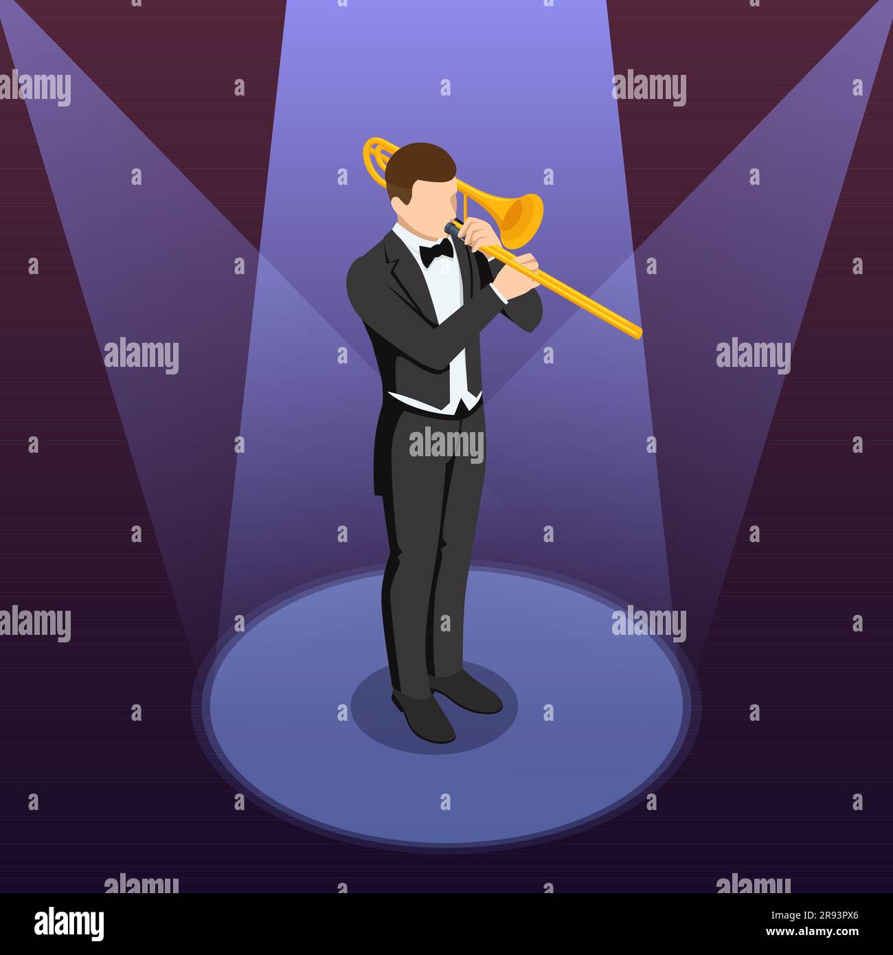 Isometric trombone orchestra brass instrument. Male musician playing a ...