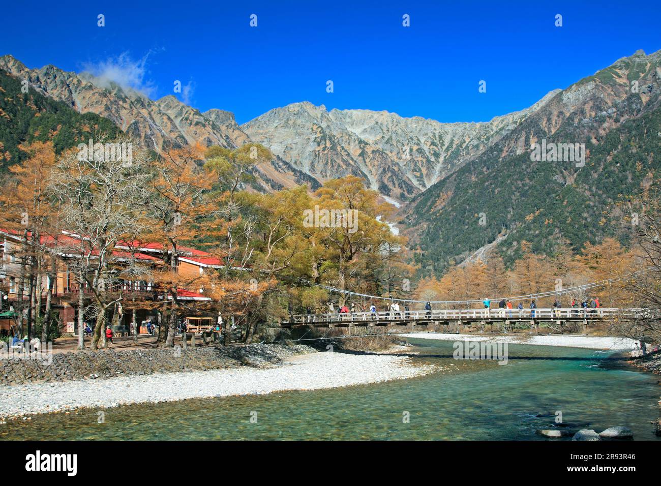 Azusa River, Kappa-bashi Bridge and Hotaka mountain range in Kamikochi ...