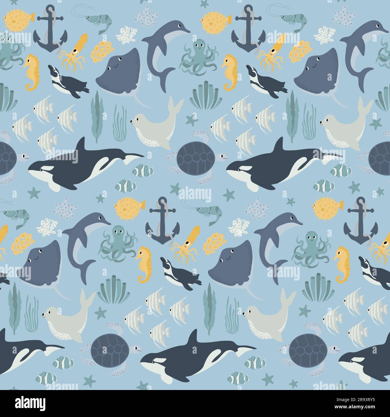 Vector seamless pattern with devil fish,orca,turtle,octopus,shrimp ...
