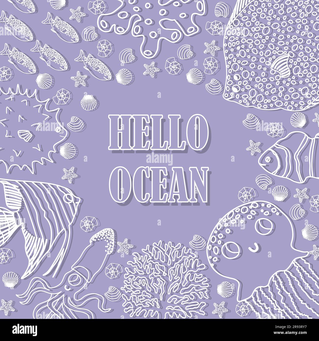Vector ocean illustration with fish,jellyfish,squid,corals,algae,shell ...