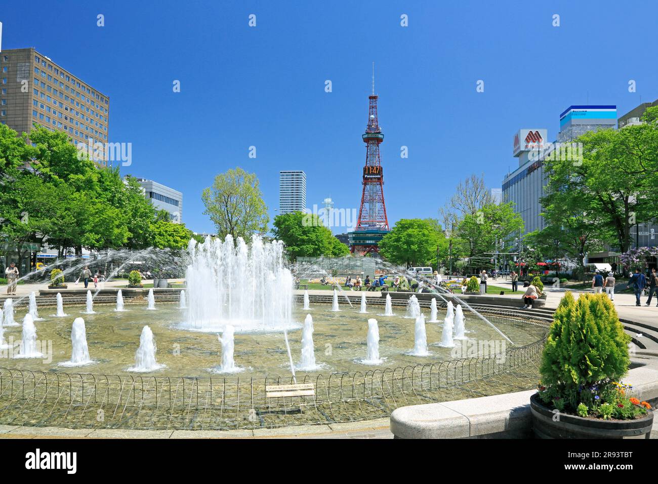 Sapporo TV Tower and Odori Park fountain Stock Photo - Alamy