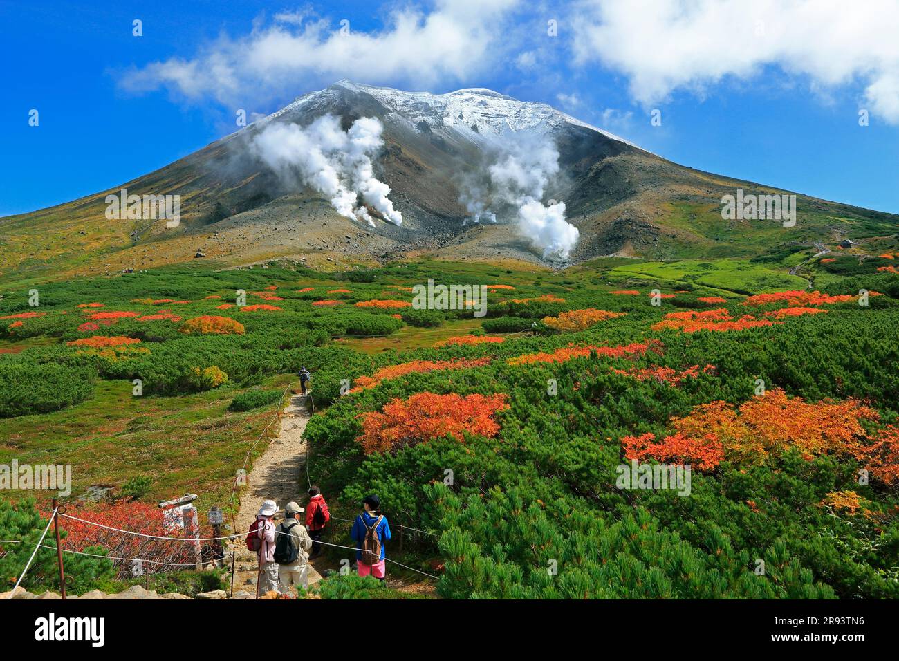 Mount Asahidake and tourists seen from the first observatory of ...