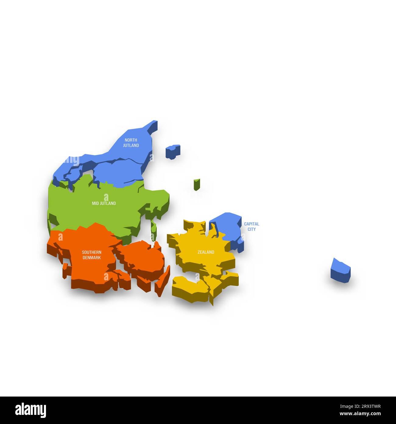 Denmark political map of administrative divisions - regions. Colorful 3D vector map with country ...