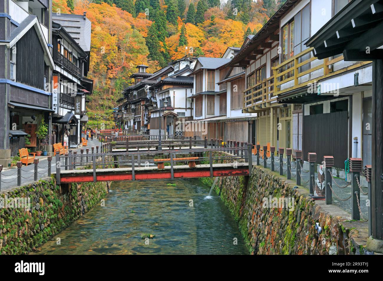 Ginzan Onsen hot spring of autumn leaf colors Stock Photo - Alamy