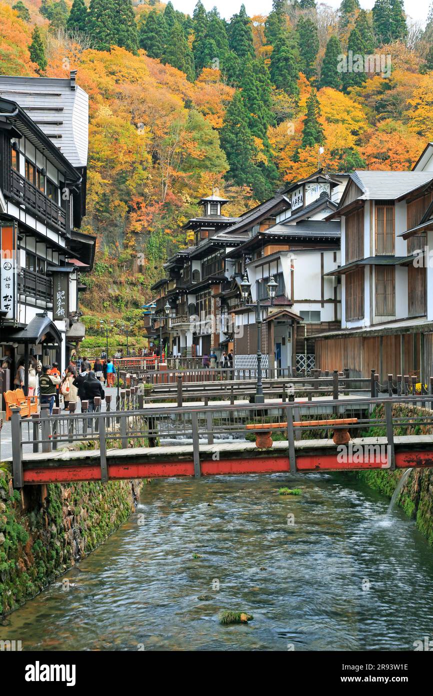 Ginzan Onsen hot spring of autumn leaf colors Stock Photo - Alamy