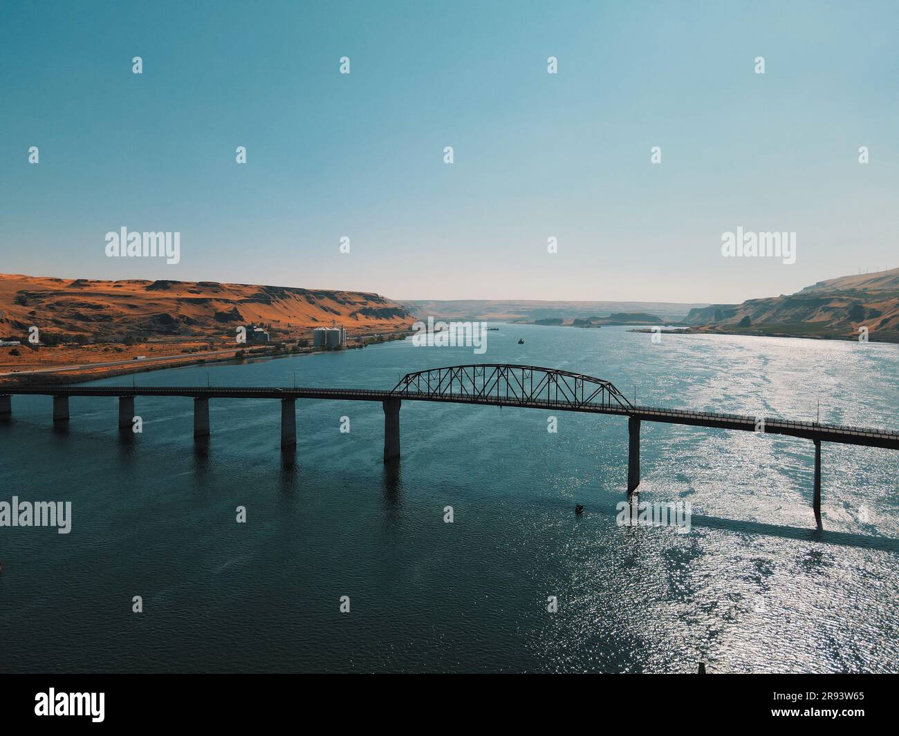 An aerial view of the historic Sam Hill Memorial Bridge over bright ...