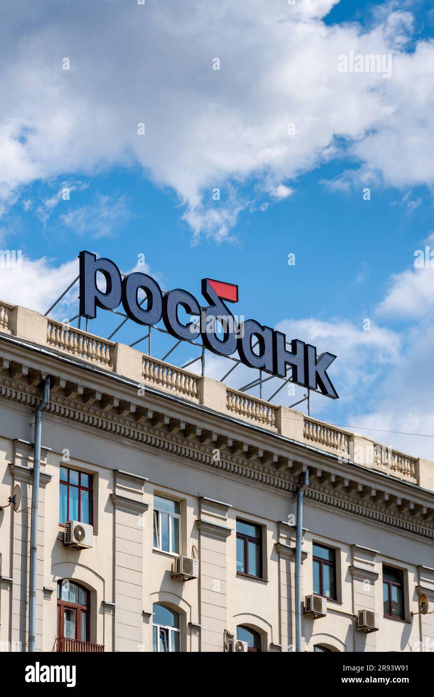 Sign and logo of the Russian bank Rosbank on the rooftop of a building ...