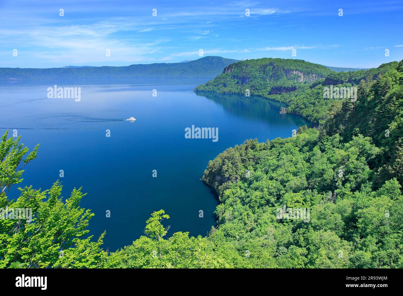Lake Towada and sightseeing boat seen from Kankodai obsevatory Stock ...