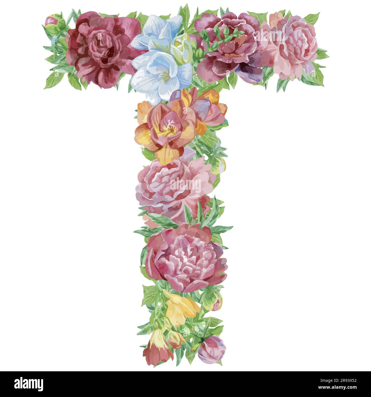 Letter T of watercolor flowers, isolated hand drawn on a white ...