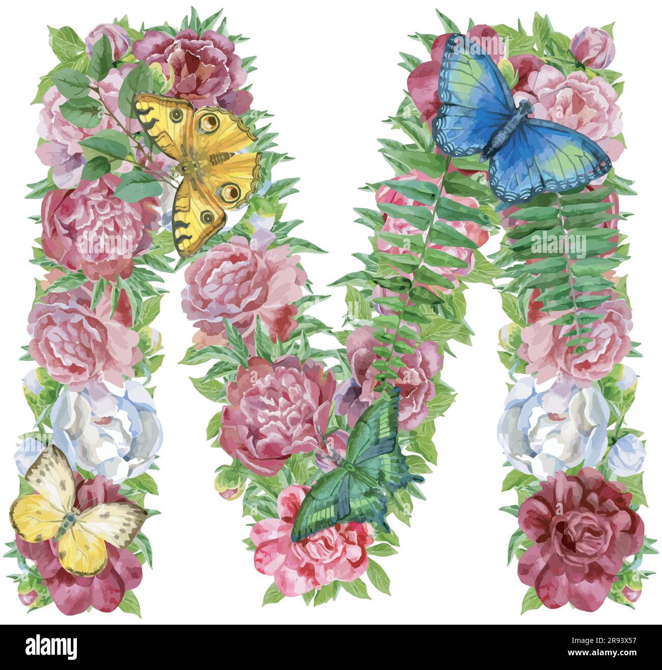 Letter M of watercolor flowers, isolated hand drawn on a white ...