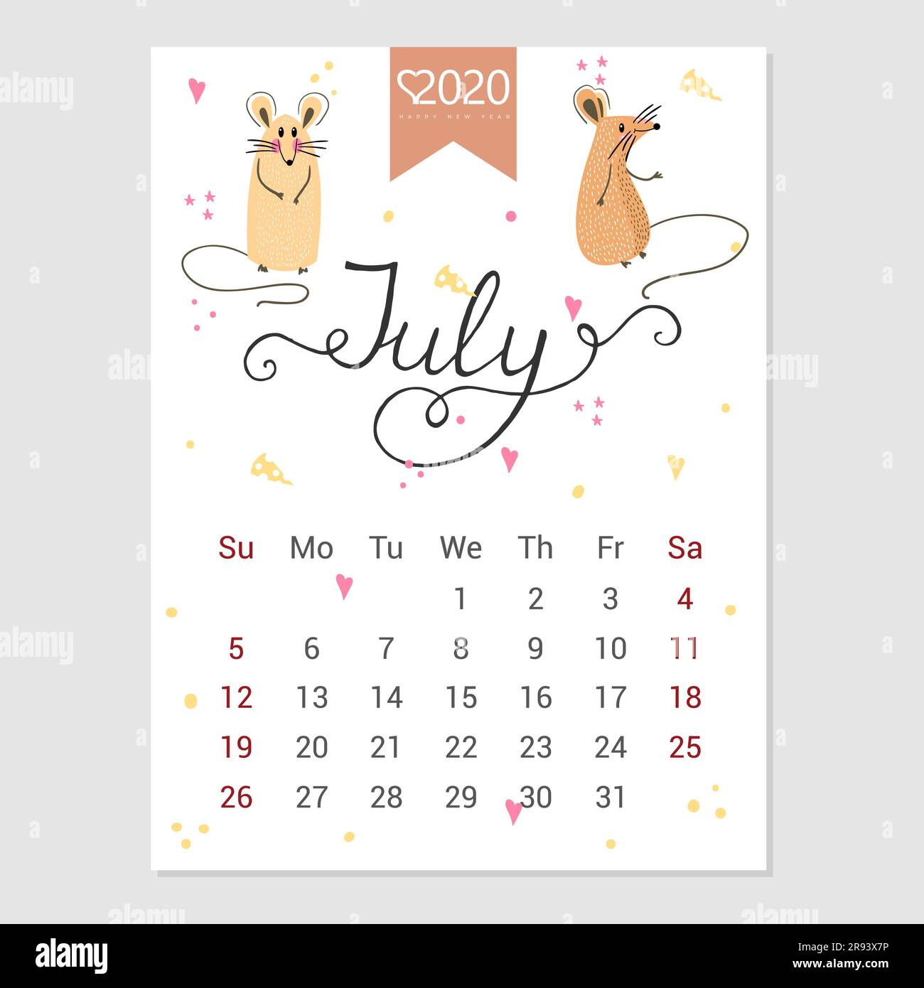 Calendar July 2020 vector. Monthly creative calendar 2020 cute hand ...