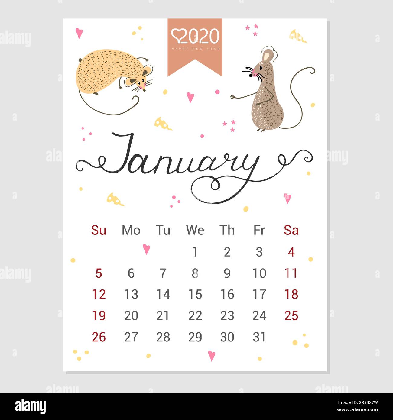 Calendar January 2020 vector. Monthly creative calendar 2020 cute hand ...