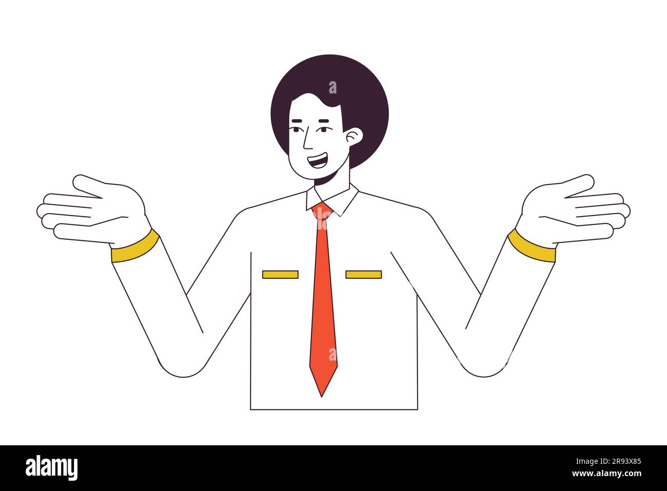 Confused smiling clerk man shrugging shoulders flat line color vector ...