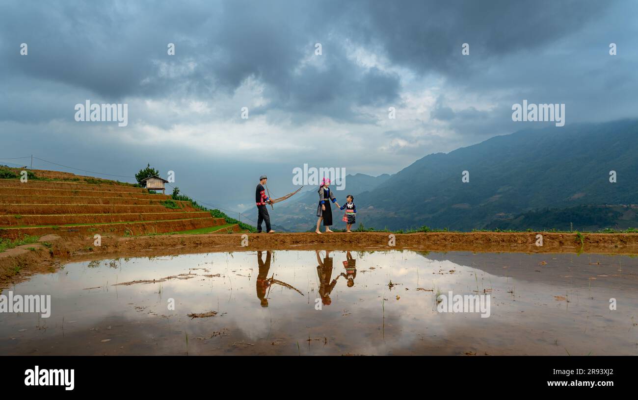 A young H'mong family relaxes by a terraced field in Mu Cang Chai, Yen ...