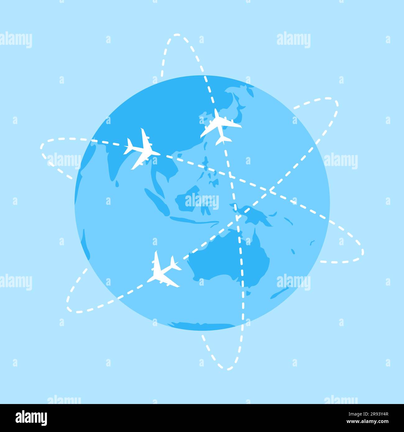 White planes flying around the blue earth globe. Vector illustration ...