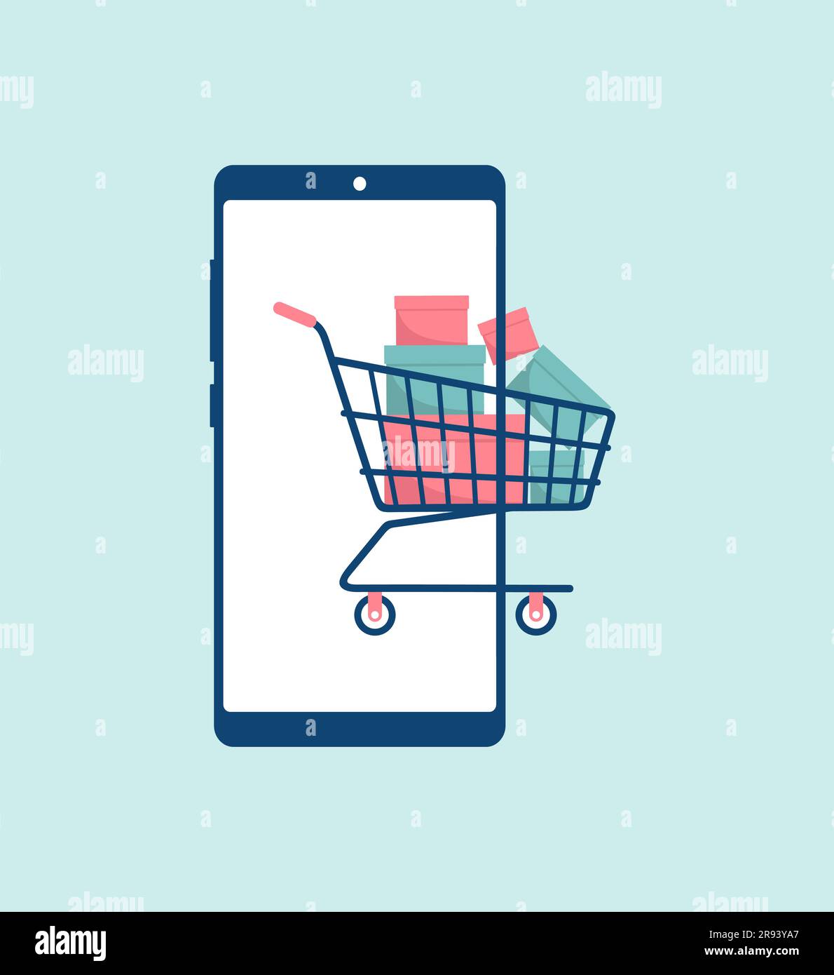 The shopping cart full of boxes leaving the smartphone screen. The ...