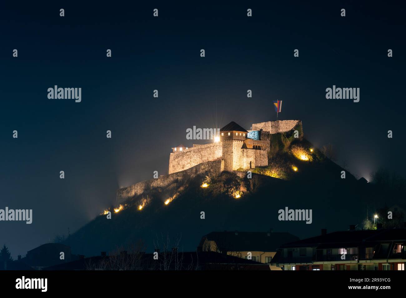 Old town Gradina on hill above city of Doboj at night, Bosnia and ...