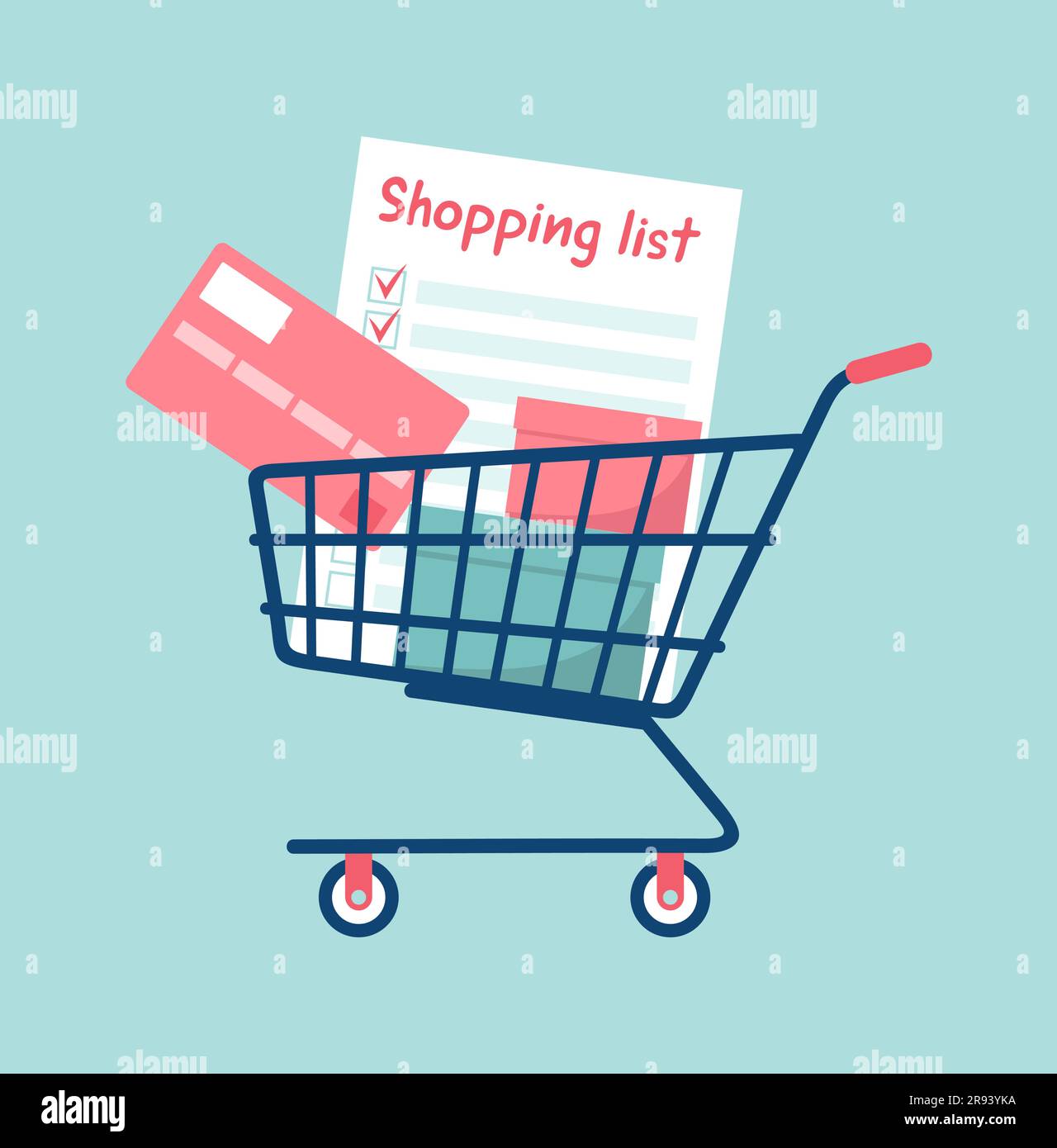 Shopping list, credit card and boxes in a supermarket shopping cart on ...