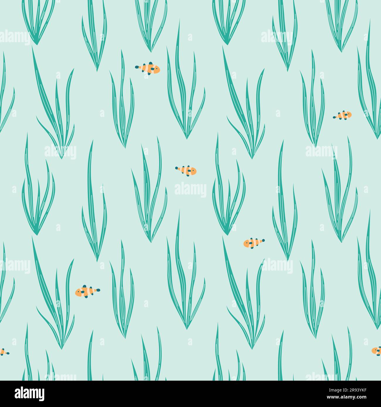 Seamless underwater pattern with long algae and clown fish, marine life ...