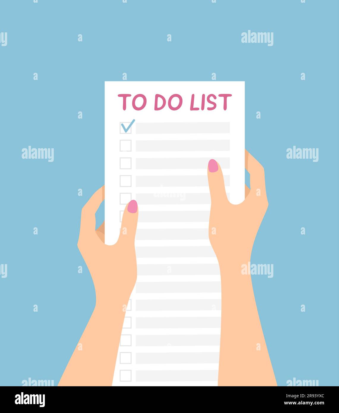 Female hands holding a long to do list on a blue background. Flat ...