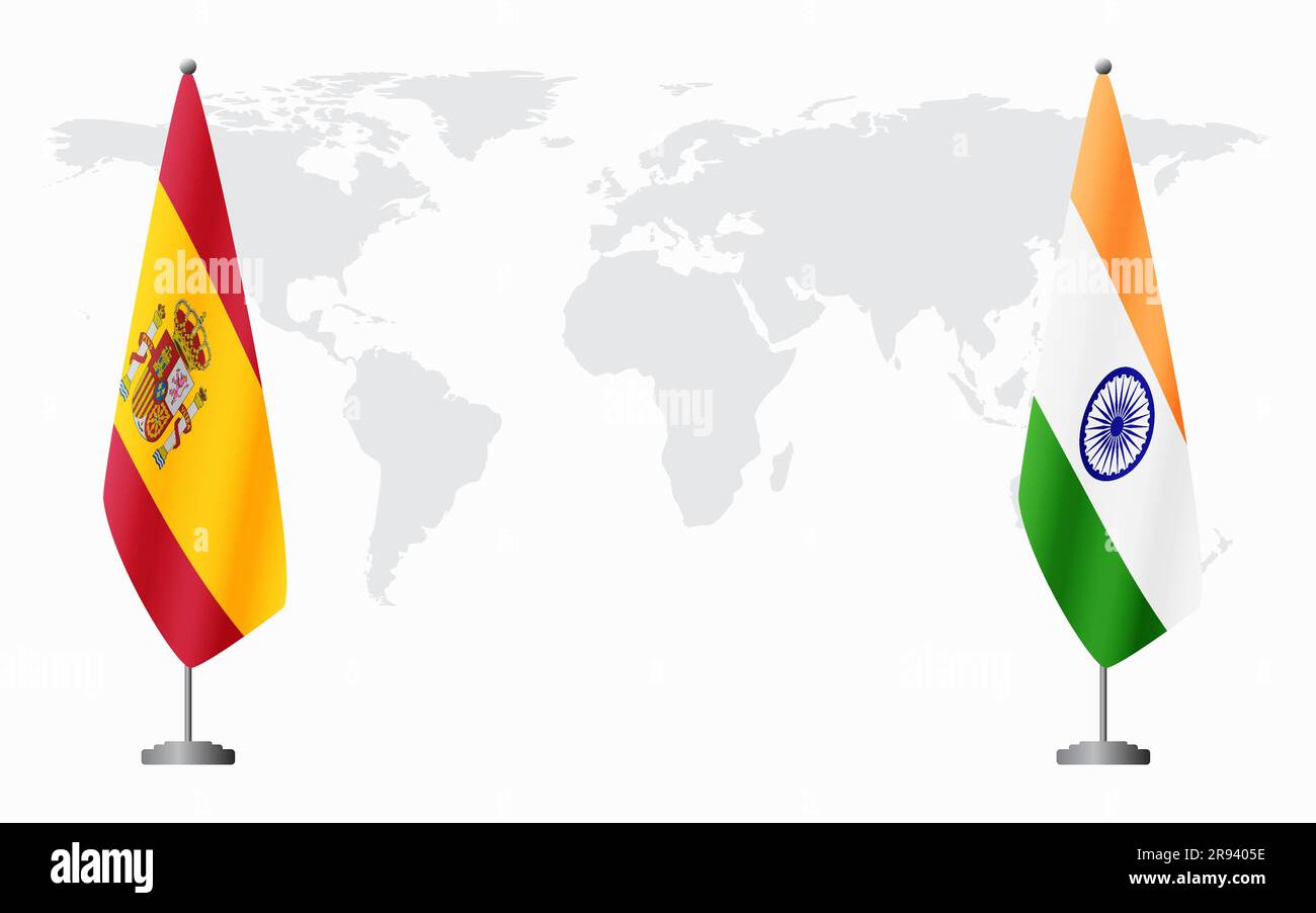 Spain and India flags for official meeting against background of world ...