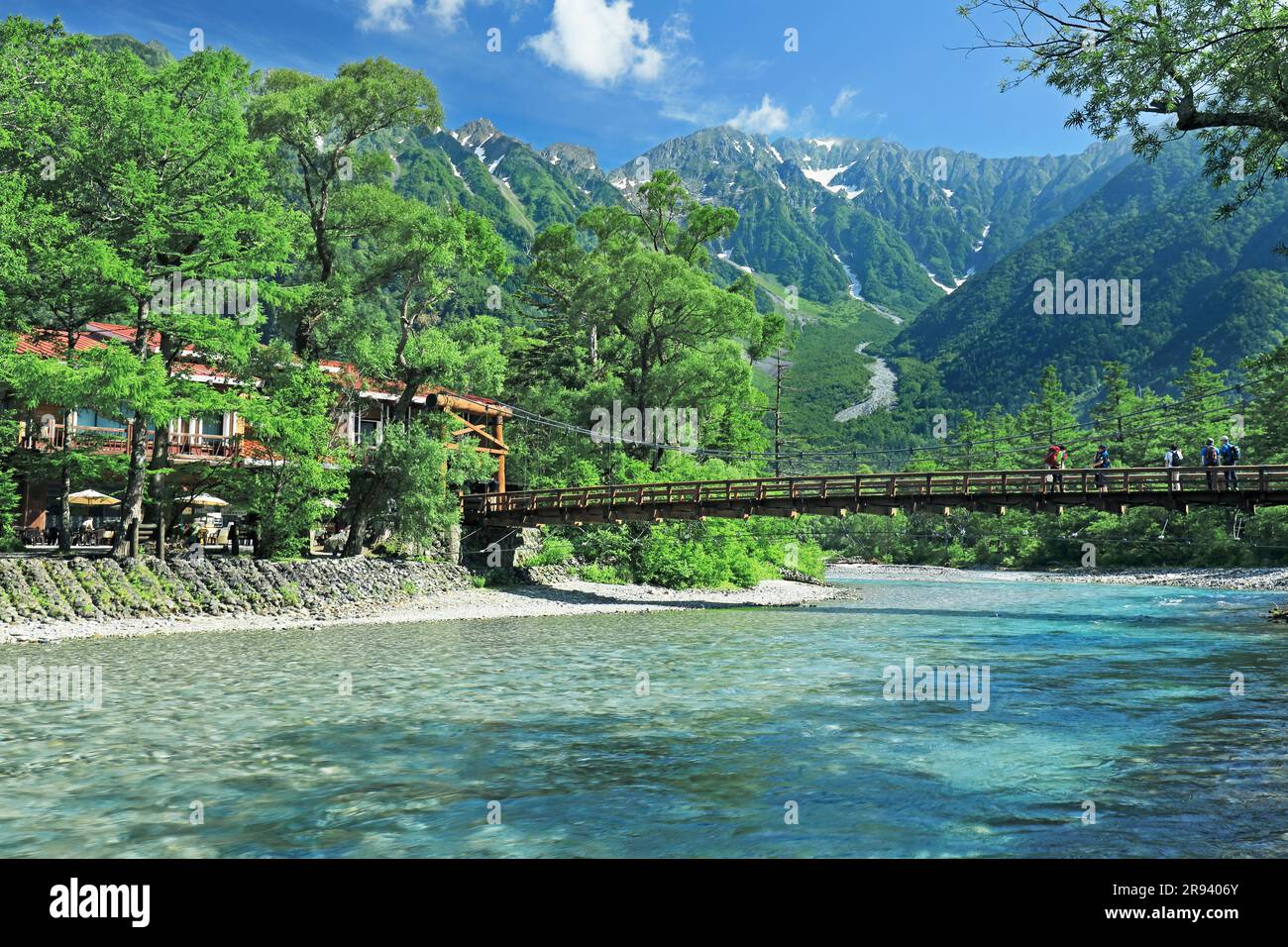 Azusa River, Kappa-bashi Bridge and Hotaka mountain range Stock Photo ...