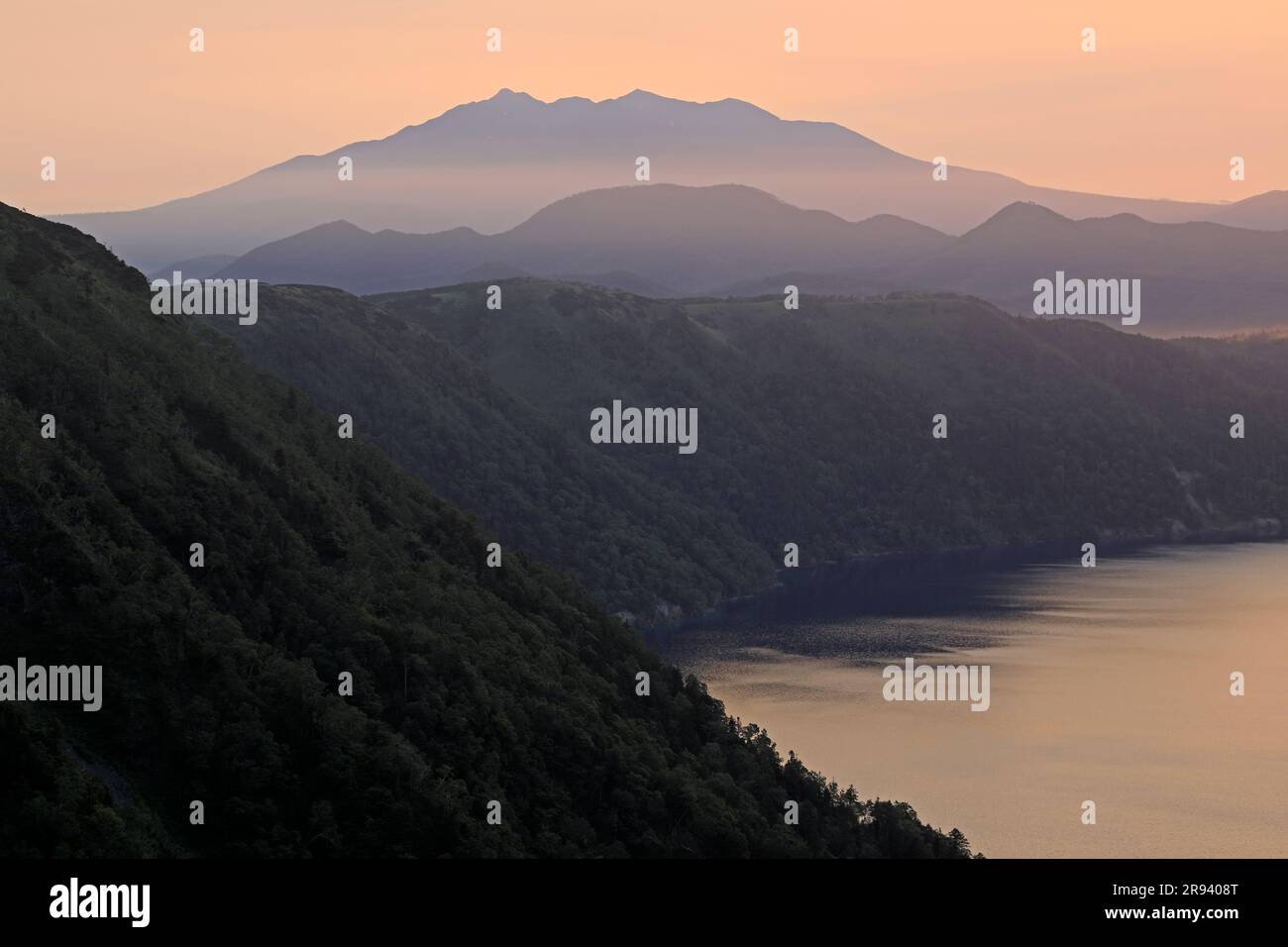 Lake Mashu Ko Morning and Mount Shari Stock Photo - Alamy
