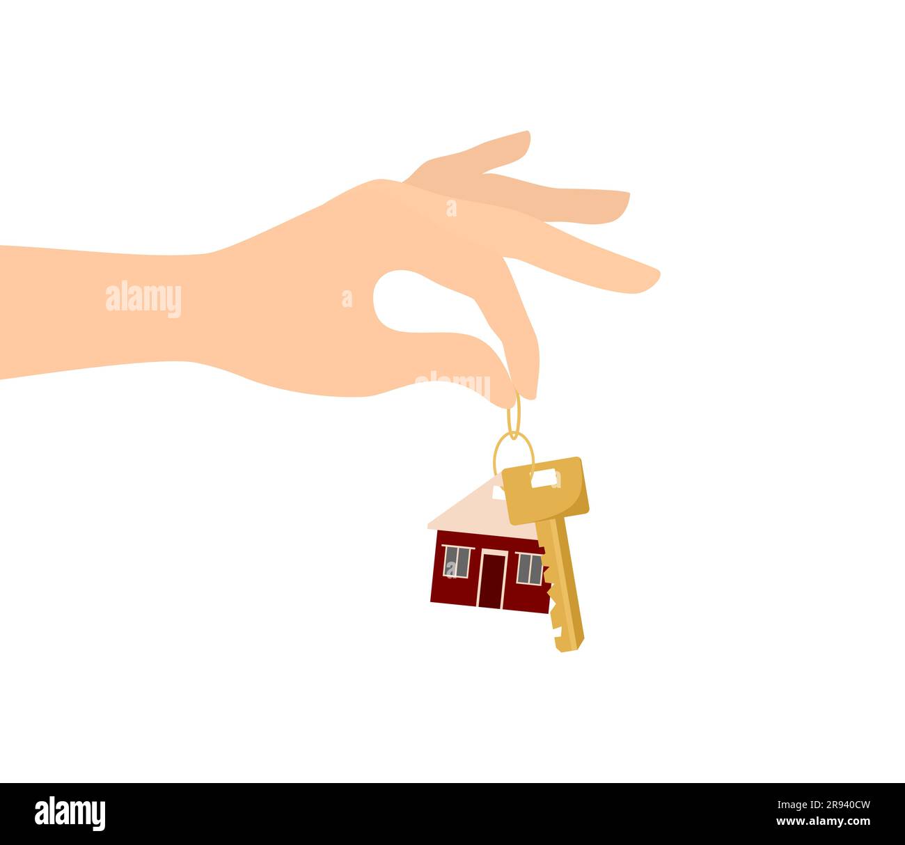 A hand holding a golden key and a house keychain. Flat vector ...