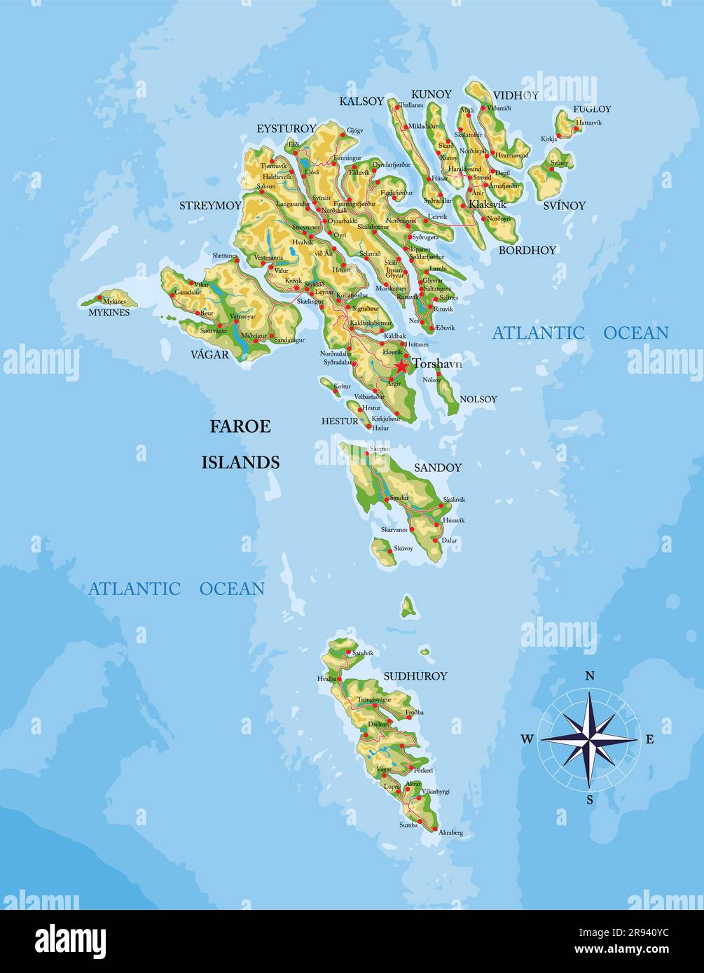 Highly detailed physical map of Faroe islands in vector format,with all ...